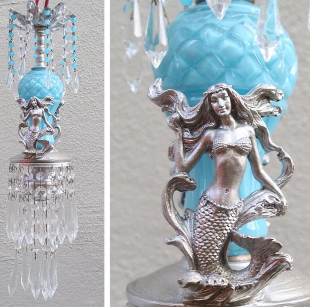 Mermaid Swag Lamp Chandelier Blue Glass Silver Crystal Opaline Bead ...