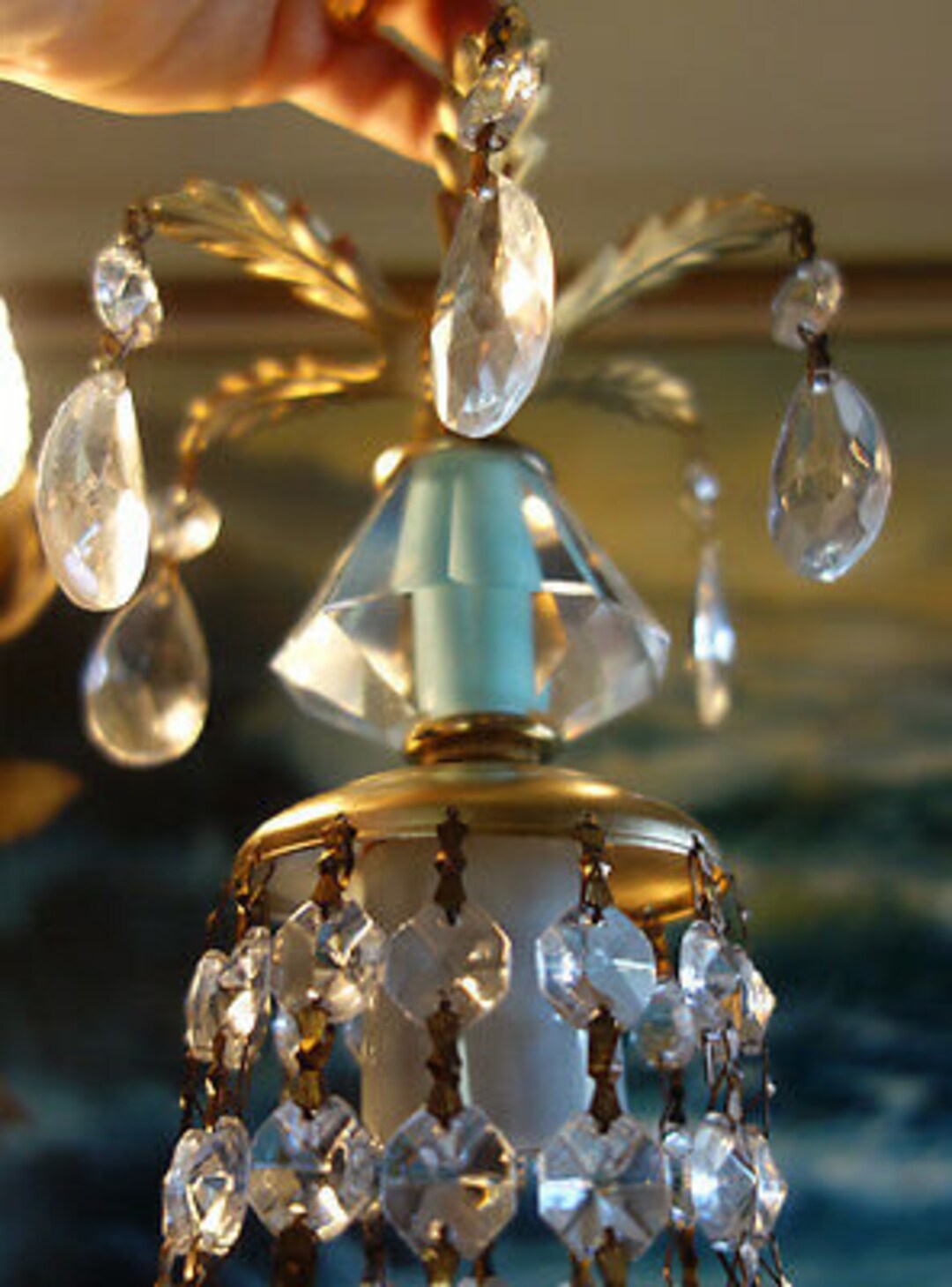 Vintage Mini Lamp Hanging Swag Plugin Chandelier Blue Crystal Glass ...