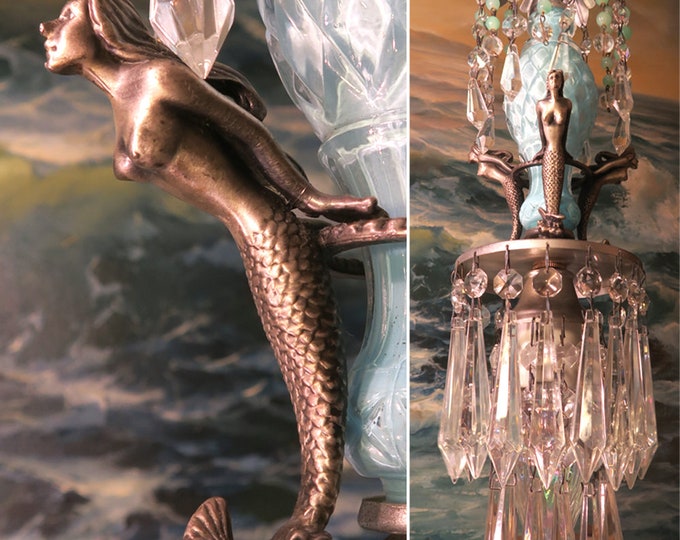 Mermaid Swag Lamp Chandelier Blue Glass Brass Silver Crystal Beads ...