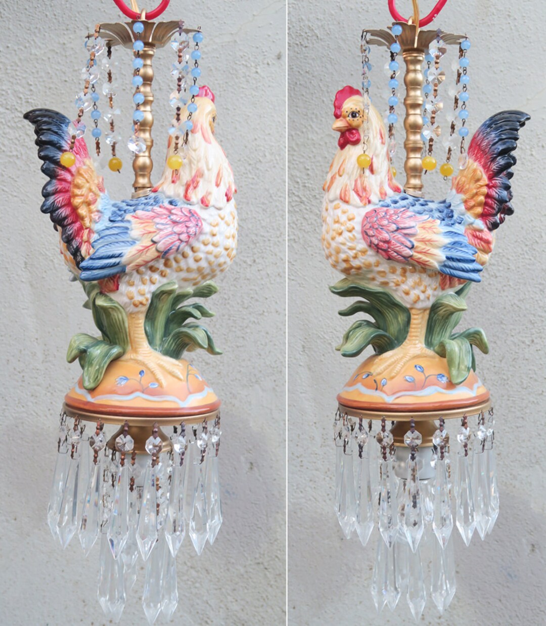 LG Porcelain Country Chicken SWAG Lamp Brass Crystal Kitchen Chandelier ...