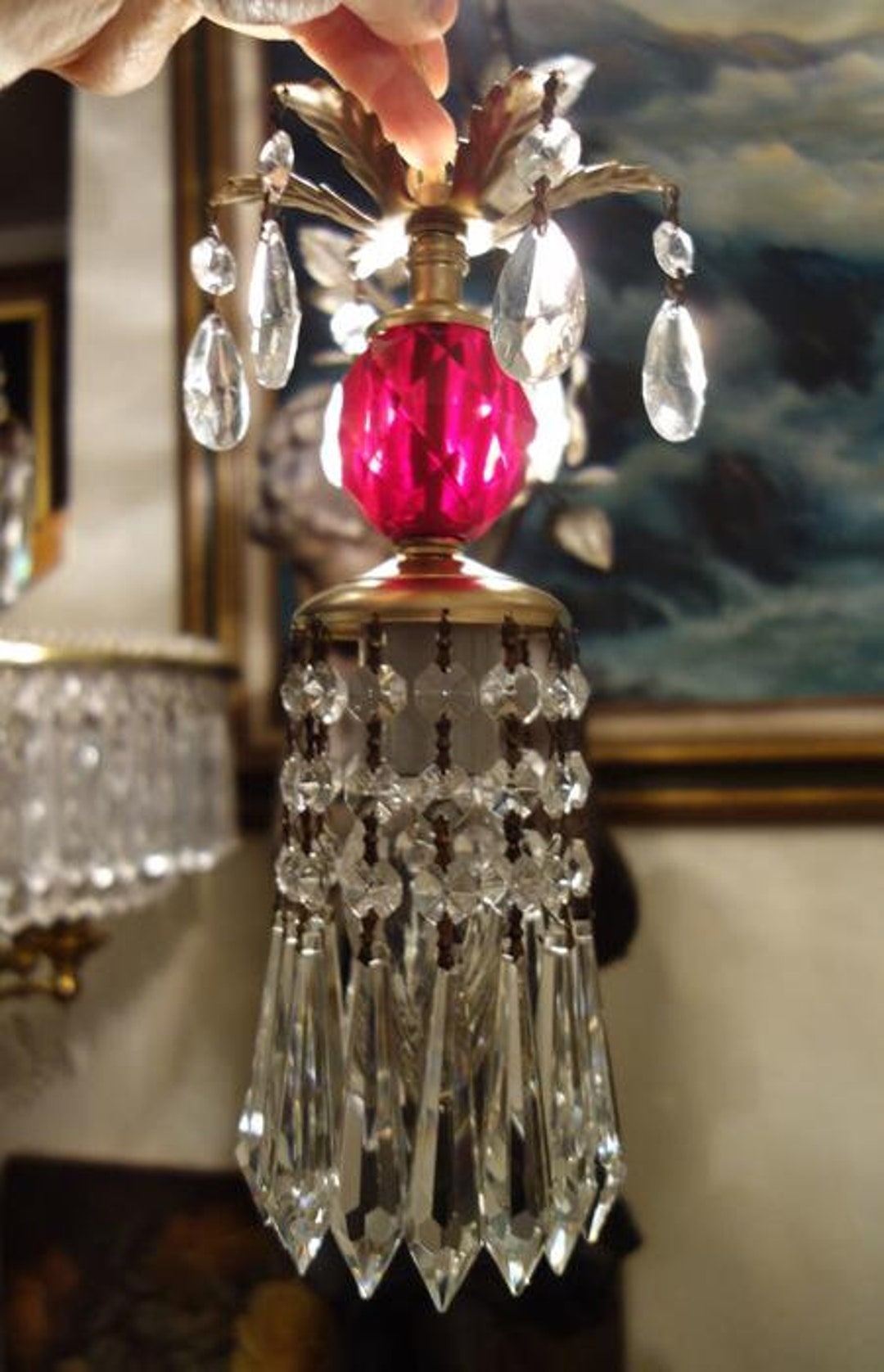 Ruby Red Lucite Swag Plugin Light Lamp Chandelier With Crystal Glass ...