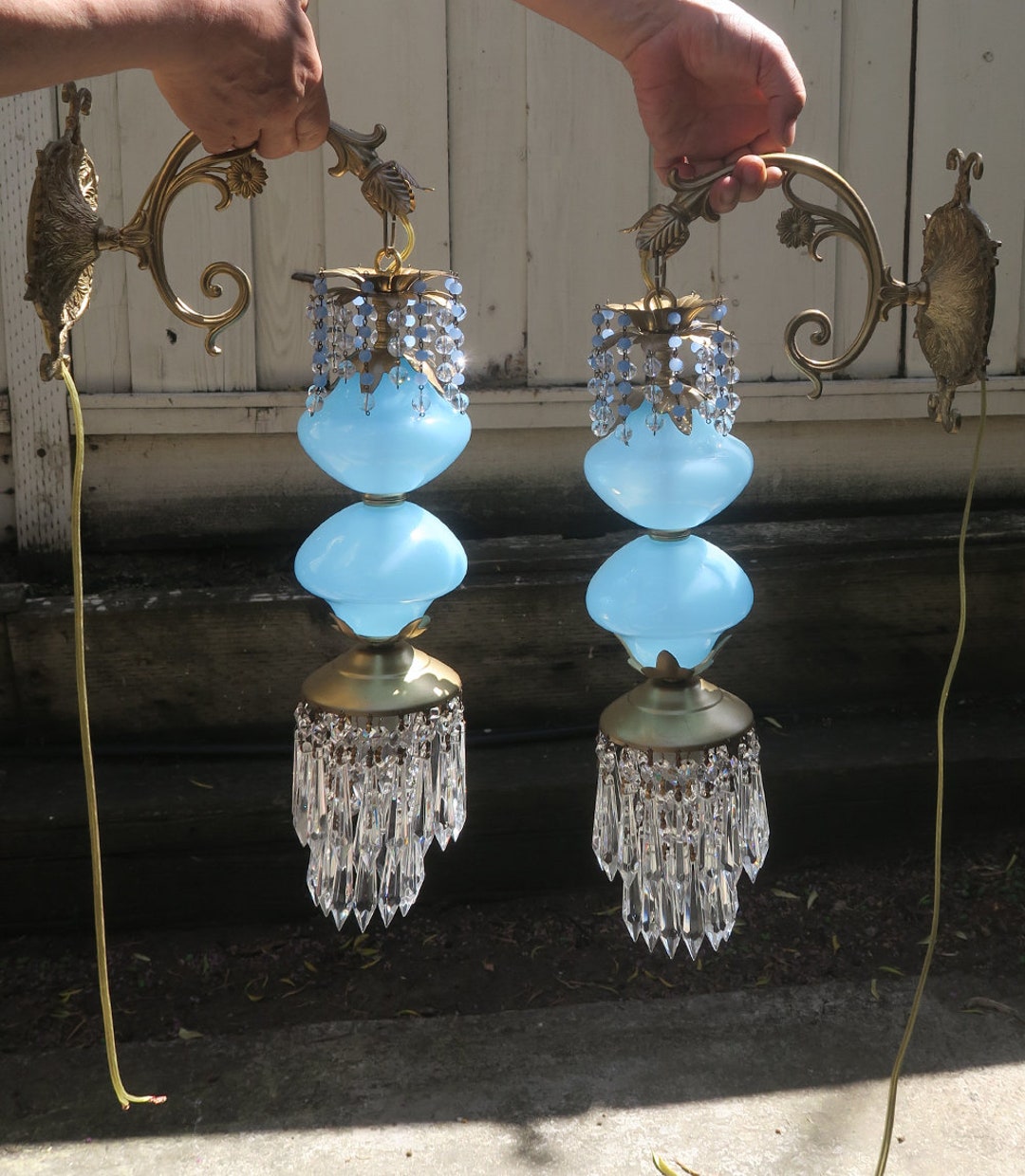 PR Vintage Sconce Lamp Murano Sky Blue Opaline Glass Bronze Brass ...