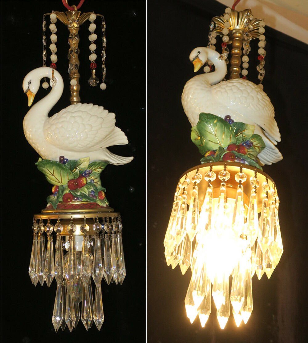Swan Bird Ceiling Light Lamp Chandelier Glass Brass Porcelain Opaline ...