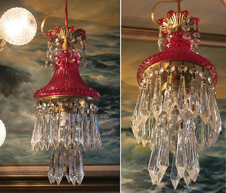 Vintage Ruby Red Lady Cupcake Glass Crystal Beads Brass Swag Lamp ...