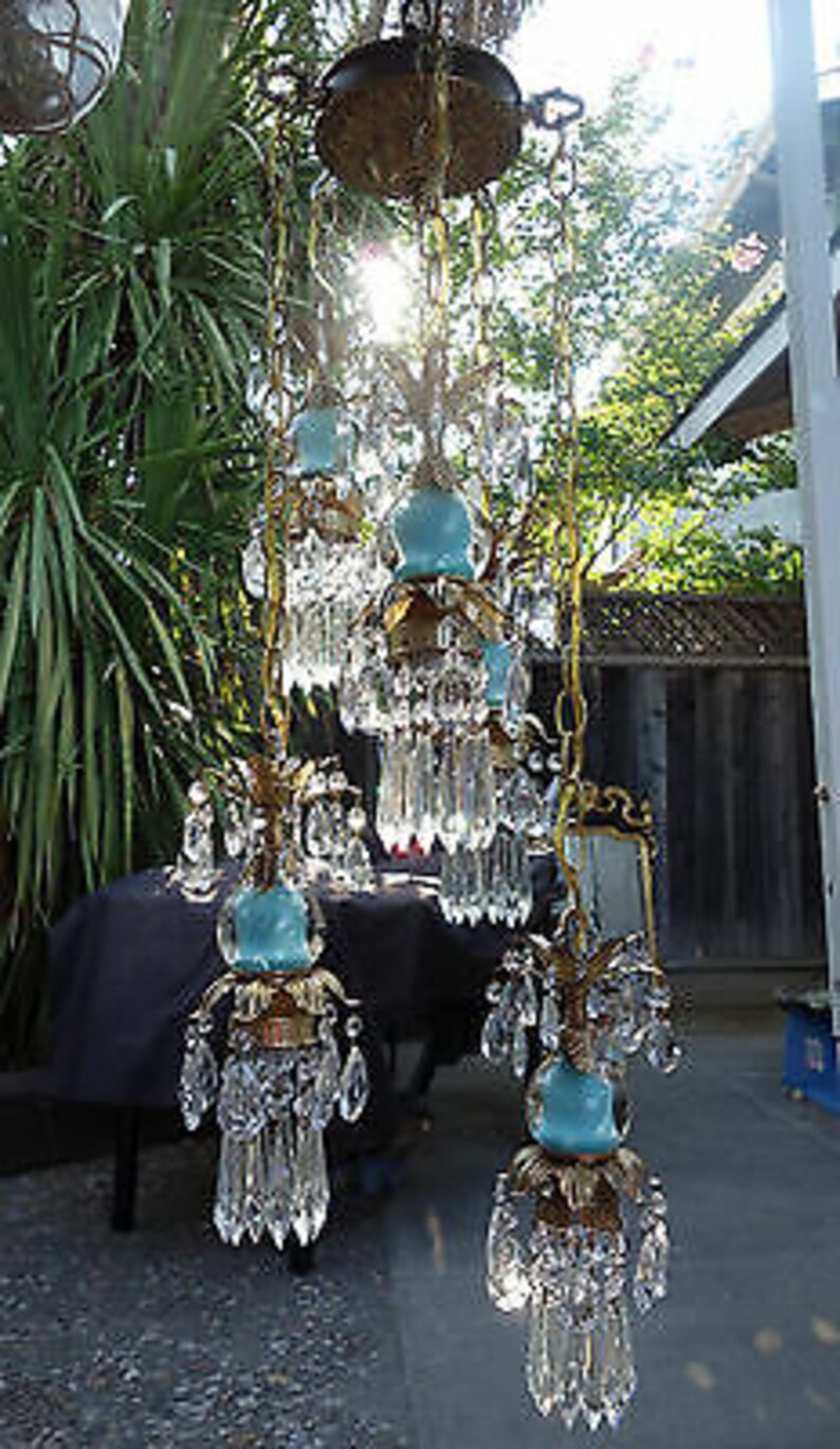 5lt Vintage Aqua Robin Egg Glass Tole Brass Ceiling Lamp Chandelier ...