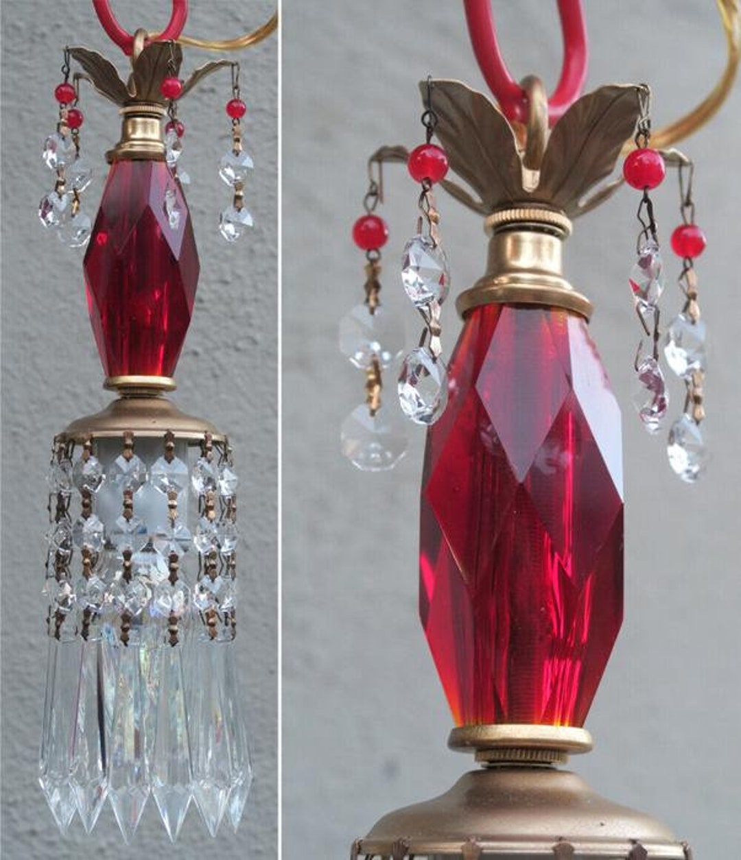 Ruby Red Glass Swag Plugin Light Lamp Chandelier Crystal Prisms Beads 9 ...