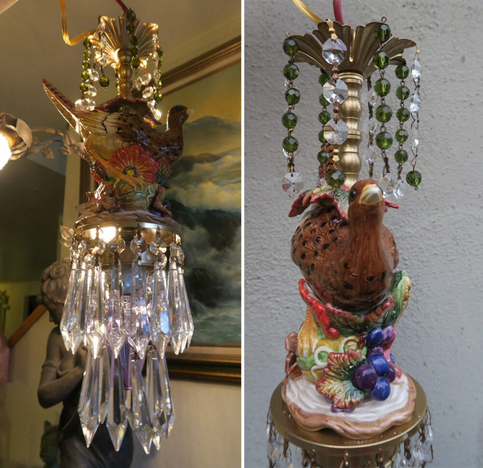 Pheasant Bird SWAG Lamp Chandelier Glass brass porcelain | Etsy