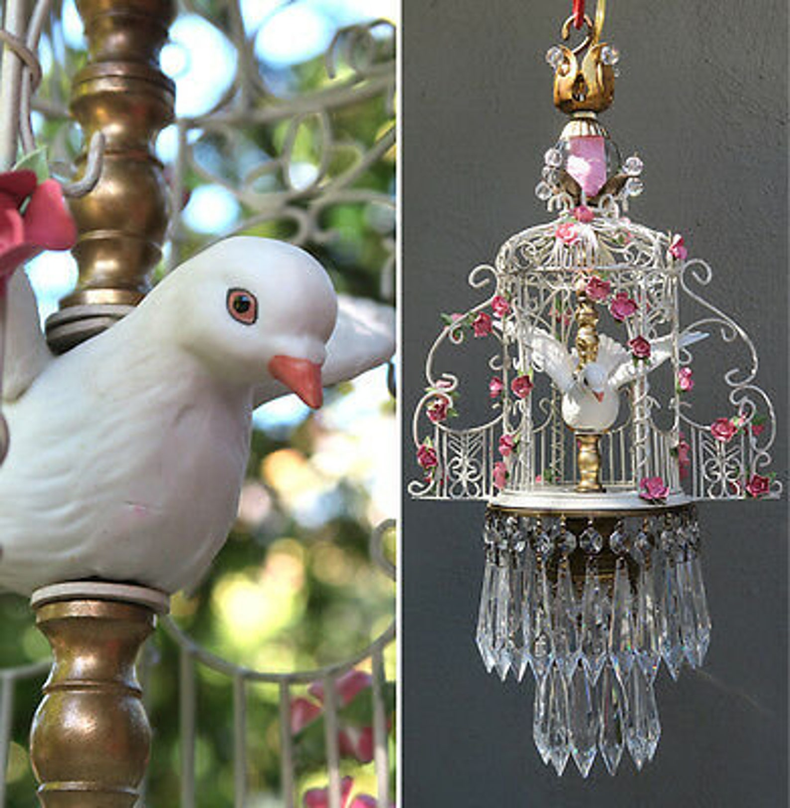 Wedding Porcelain Brass Tole Shabby Pink Puffy Roses Bird Cage - Etsy