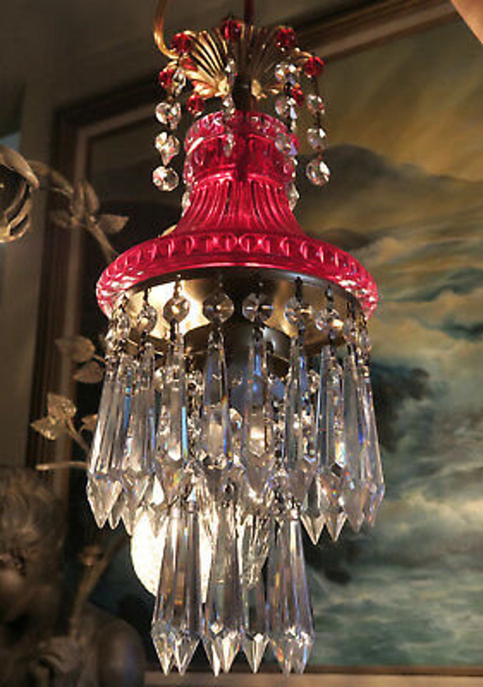 Vintage Ruby Red Lady Cupcake Glass Crystal Beads Brass Swag Lamp ...