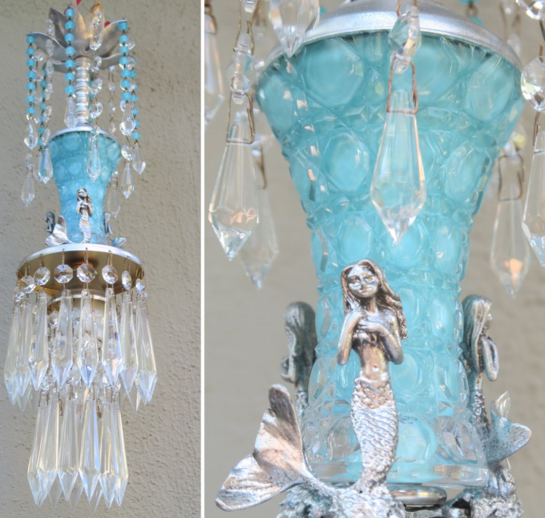 Mermaid Swag Plugin Fixture Lamp Chandelier Blue Glass Brass Silver ...