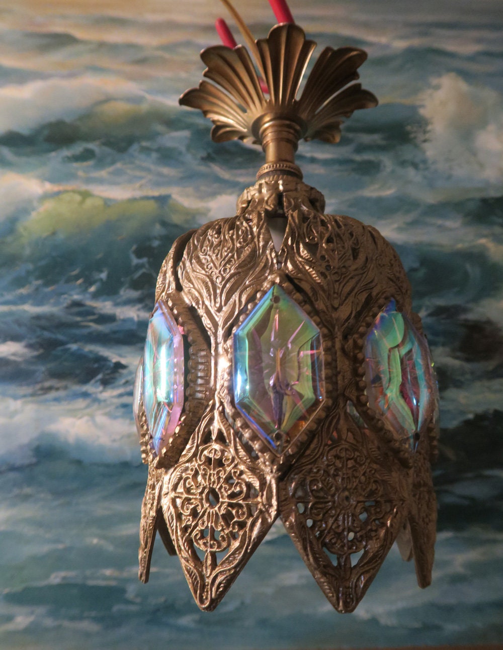 Swag Plugin AB Lamp Vintage Chandelier Light Spelter Brass Jeweled ...