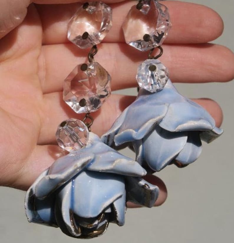 2 Prism Porcelain Blue Rose Chandelier Lamp Capodimonte Part Vintage ...