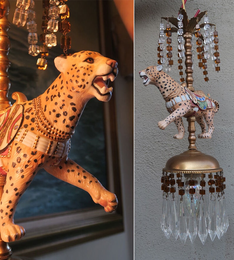 Porcelain Carousel Cheetah Lamp Swag Chandelier Vintage African Topaz ...