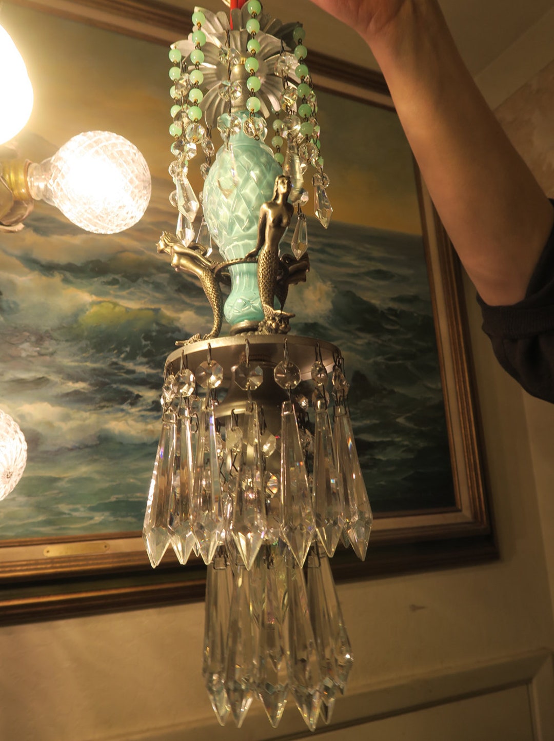 Mermaid Swag Lamp Chandelier Blue Glass Brass Silver Tone Metal Crystal ...