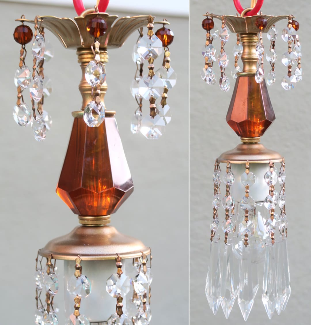 Lucite Amber Color Swag Lamp Chandelier Crystal Beaded Prisms 9' Cord ...