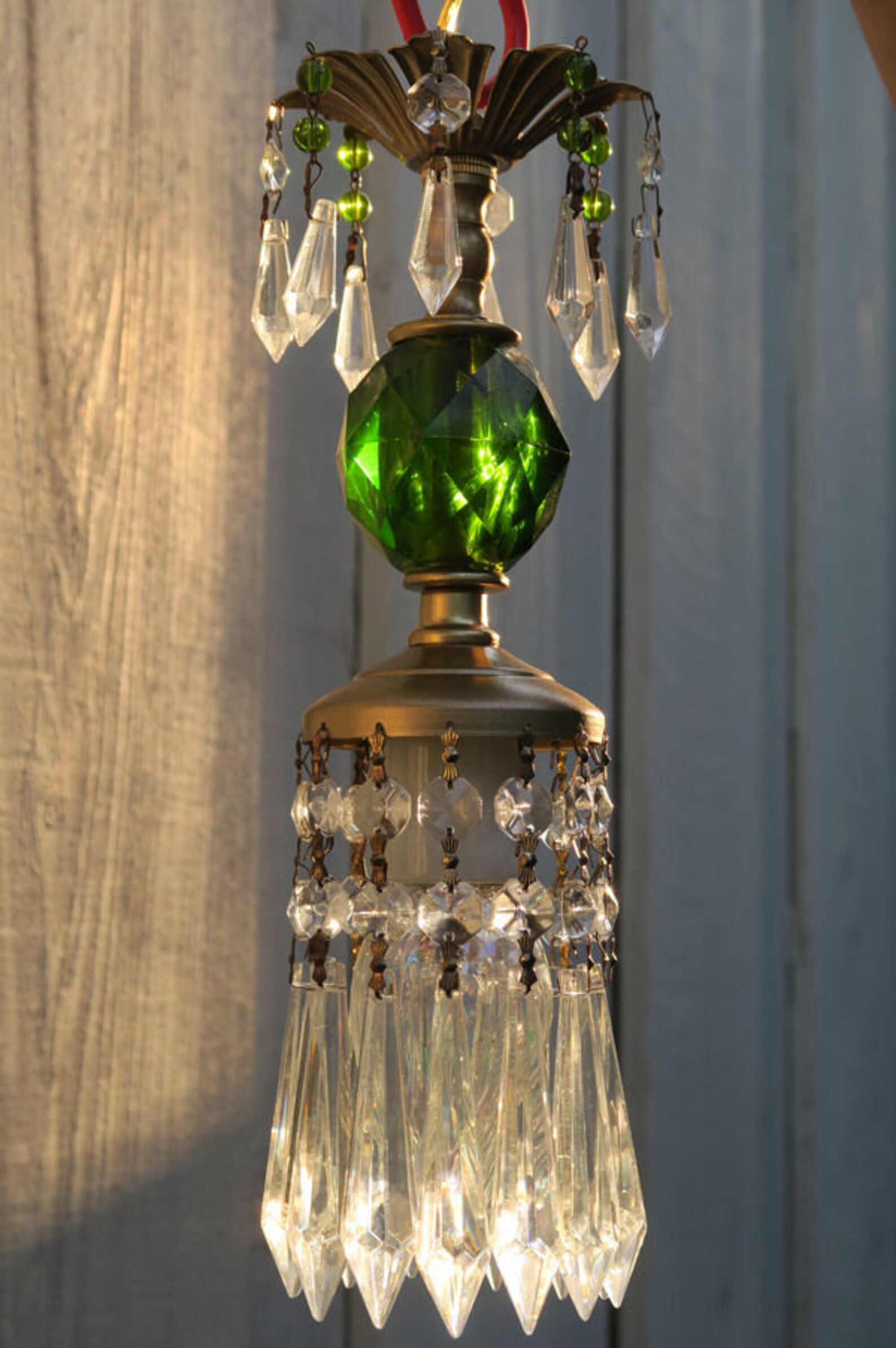 SWAG Hanging Plugin Lamp Chandelier Lucite Olive Emerald Green Beaded ...