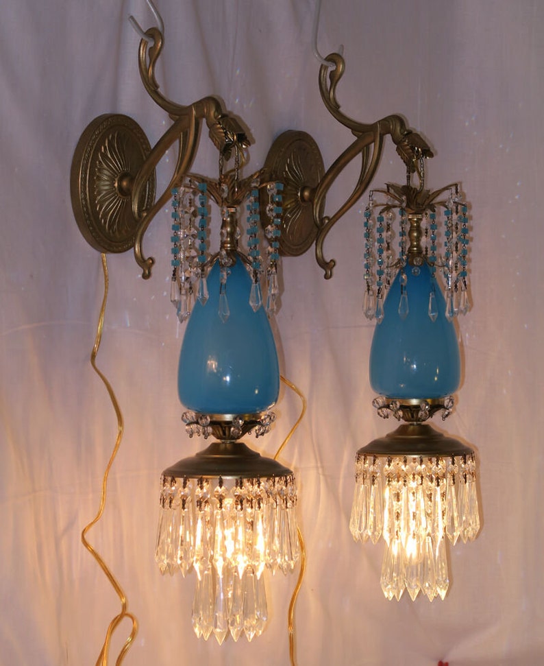 2 Sconce Lamp Murano Turquoise Blue Opaline Glass Bronze Brass Crystal ...