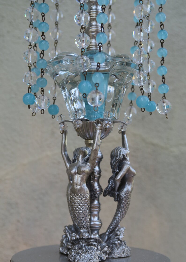Mermaid Swag Lamp Chandelier Blue Glass Brass Silver Crystal Opaline ...