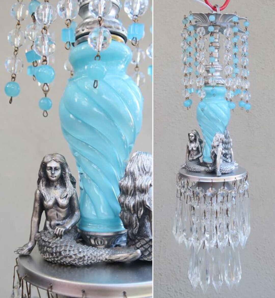 Mermaid Swag Lamp Chandelier Blue Glass Brass Silver Crystal Beads Sea ...