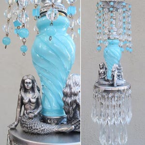 Mermaid Swag Lamp Chandelier Blue Glass Brass Silver Crystal Beads Sea ...