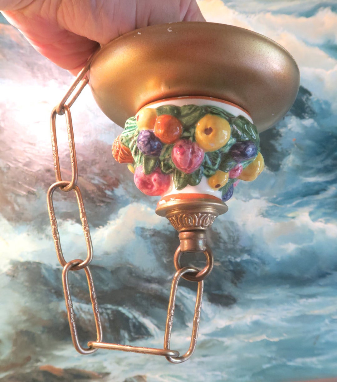 Canopy Part Tole Vintage Italy Porcelain Majolica Lamp Chandelier Lemon ...