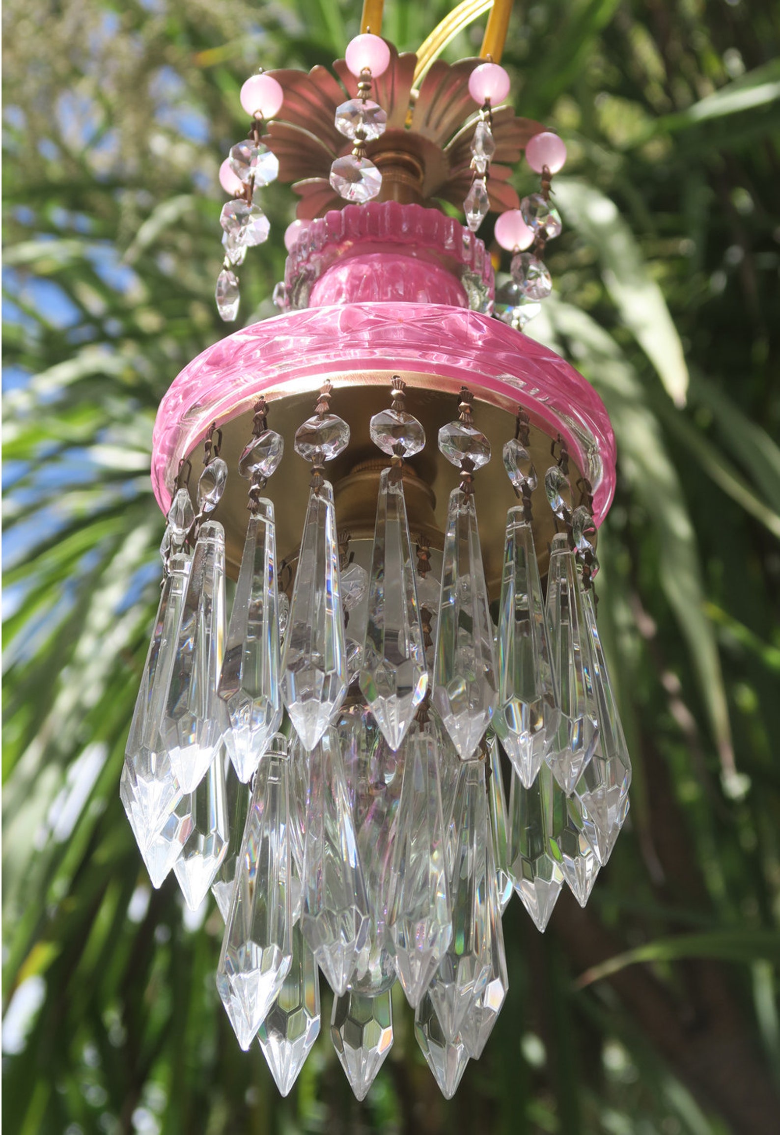 Vintage Rose Pink Lady Cupcake Glass Crystal Brass SWAG Lamp Chandelier ...
