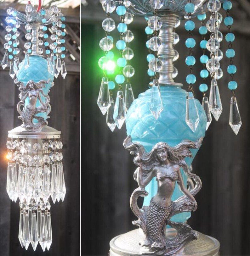 Mermaid Swag Lamp Chandelier Blue Glass Silver Crystal Opaline Bead ...