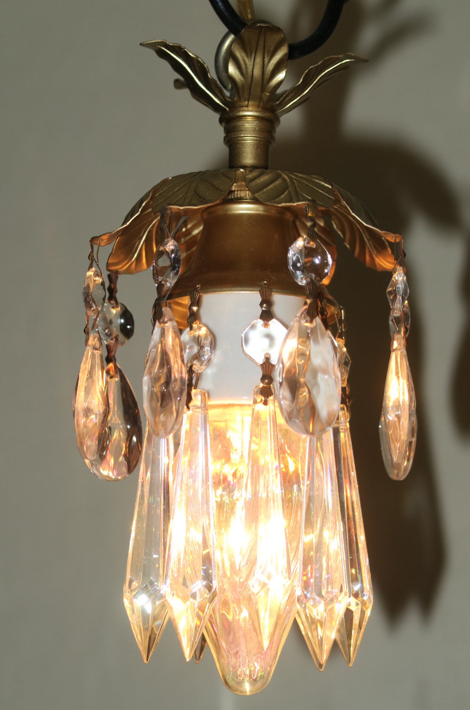 Hanging Mini Lamp Chandelier Crystal Prism Brass Tole Pendant Flower ...