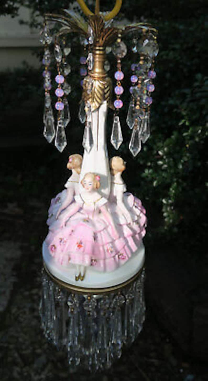 Swag Lady Lamp Vintage Porcelain Brass 3Girls Dress Crystal | Etsy