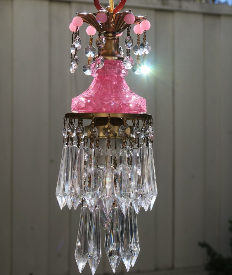 Vintage Rose Pink Lady Cupcake Glass Crystal Brass Ceiling Mount With ...