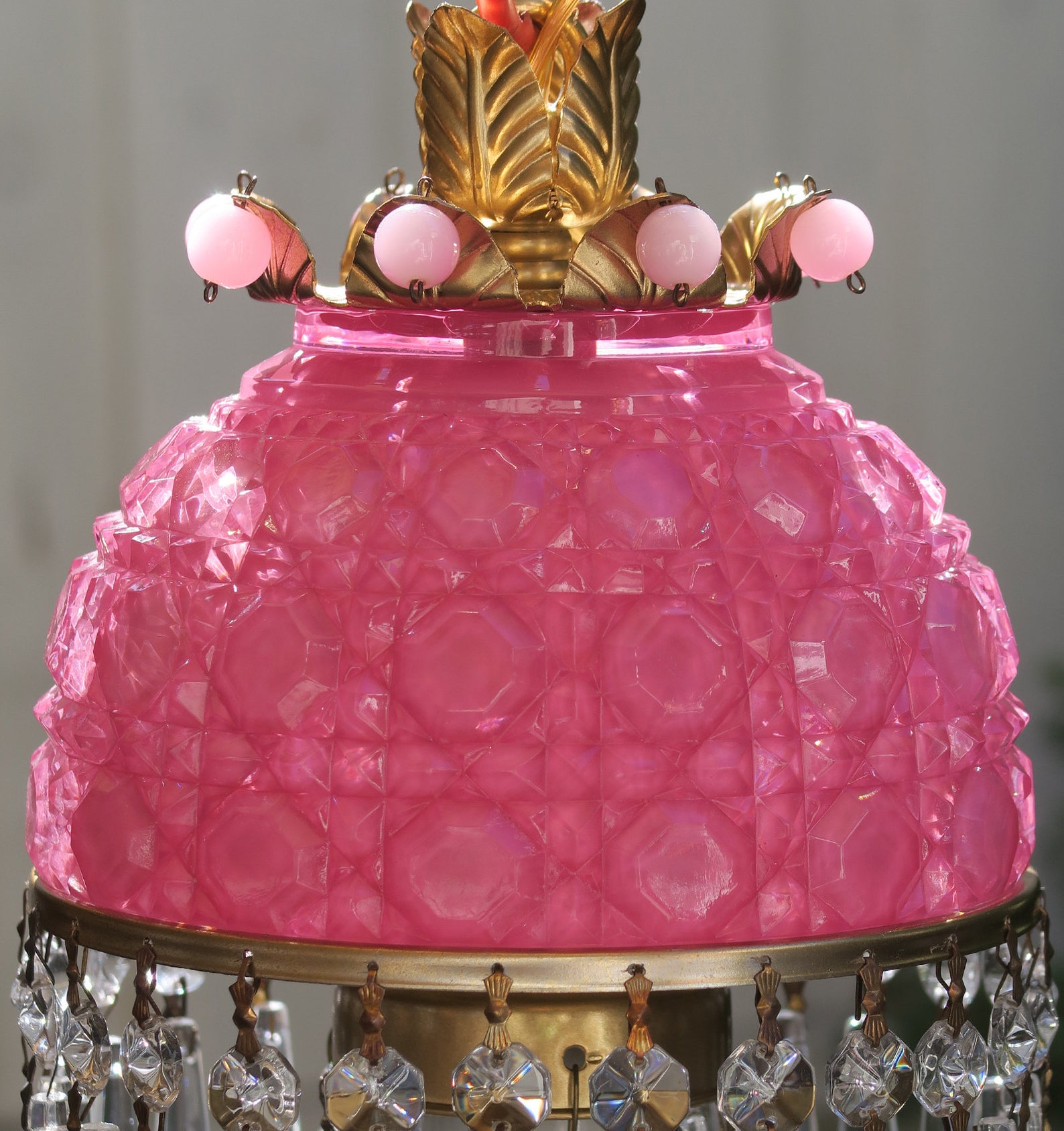 Vintage Ruby Lady Cupcake Glass Crystal Brass Hanging Swag Lamp ...