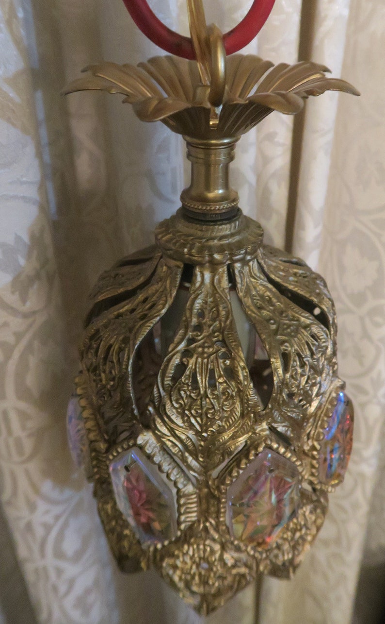 Swag Plugin AB Lamp Vintage Chandelier Light Spelter Brass Jeweled ...