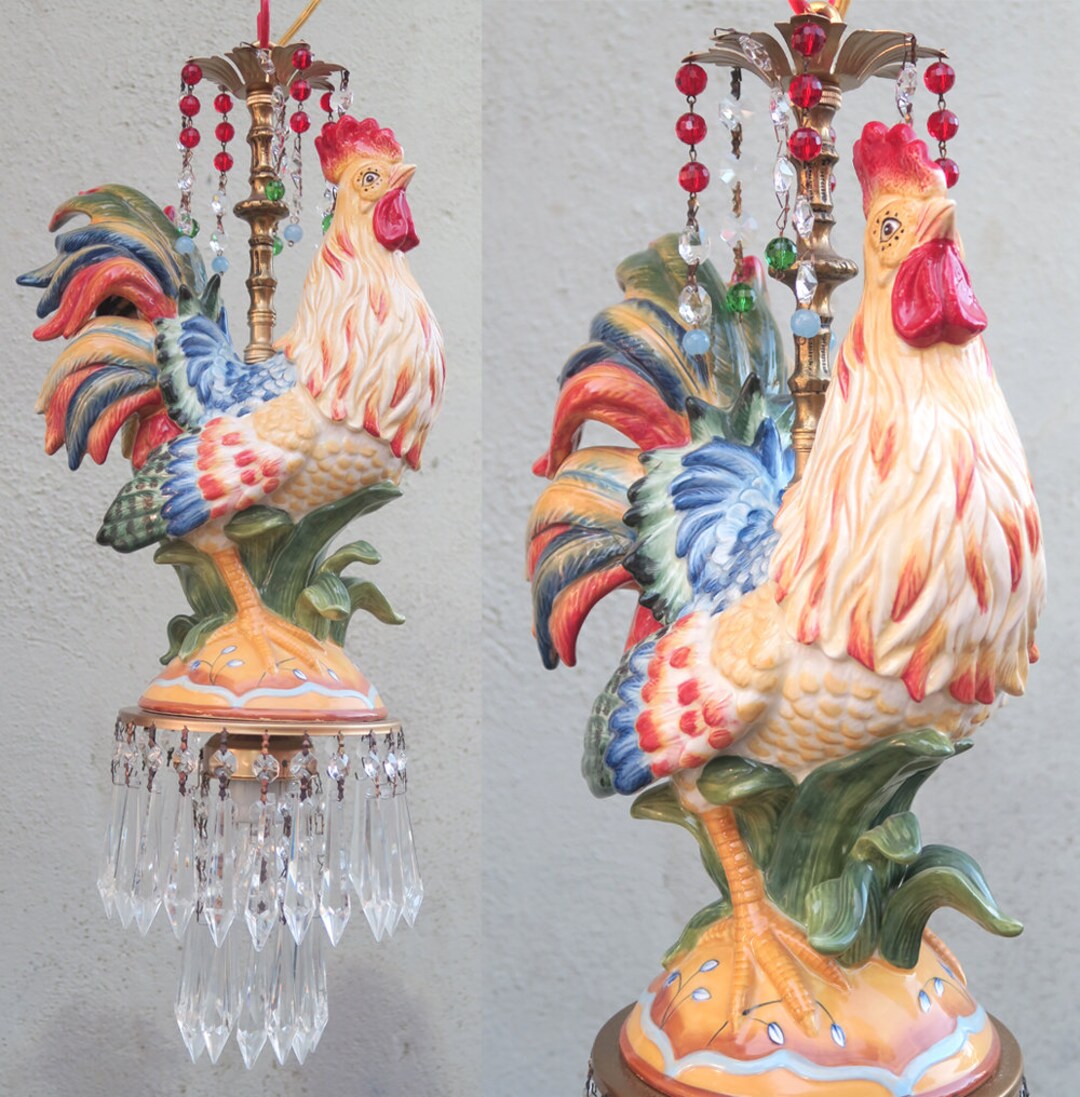 Xtra-lg Porcelain ROOSTER Chicken SWAG Lamp Brass Crystal Kitchen ...