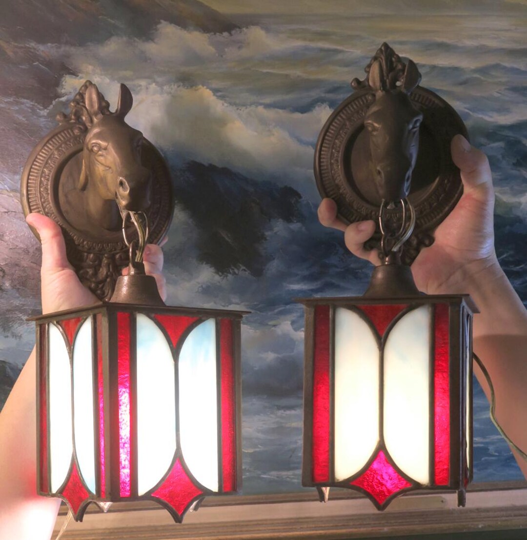 2 Vintage Brass Lamp Sconce Horse Gothic Slag Glass Mission Shade Barn ...
