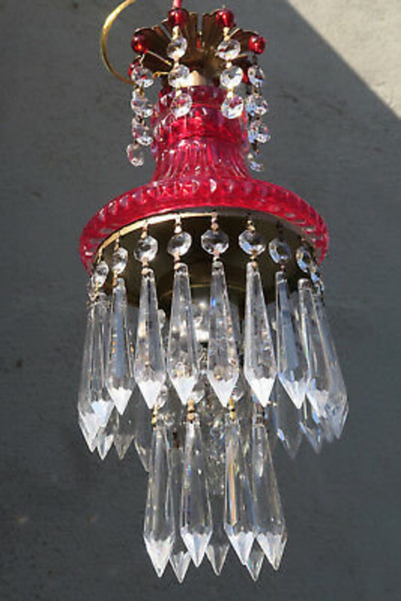 Vintage Ruby Red Lady Cupcake Glass Crystal Beads Brass Swag Lamp ...
