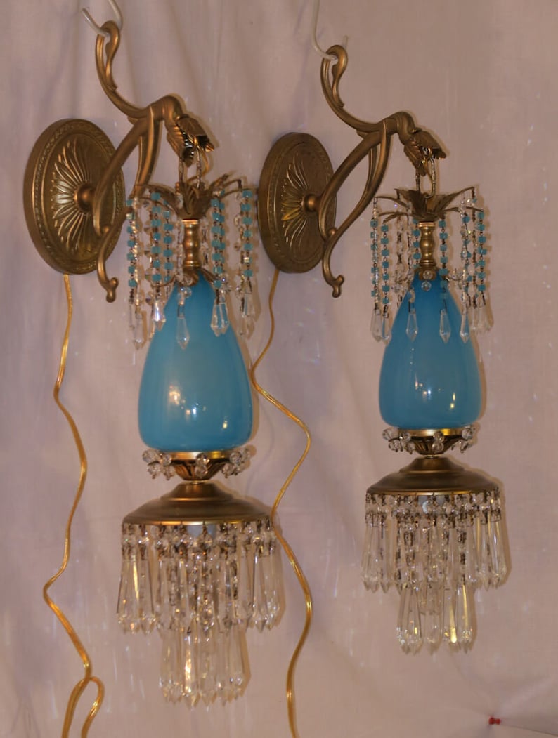 2 Sconce Lamp Murano Turquoise Blue Opaline Glass Bronze Brass Crystal ...