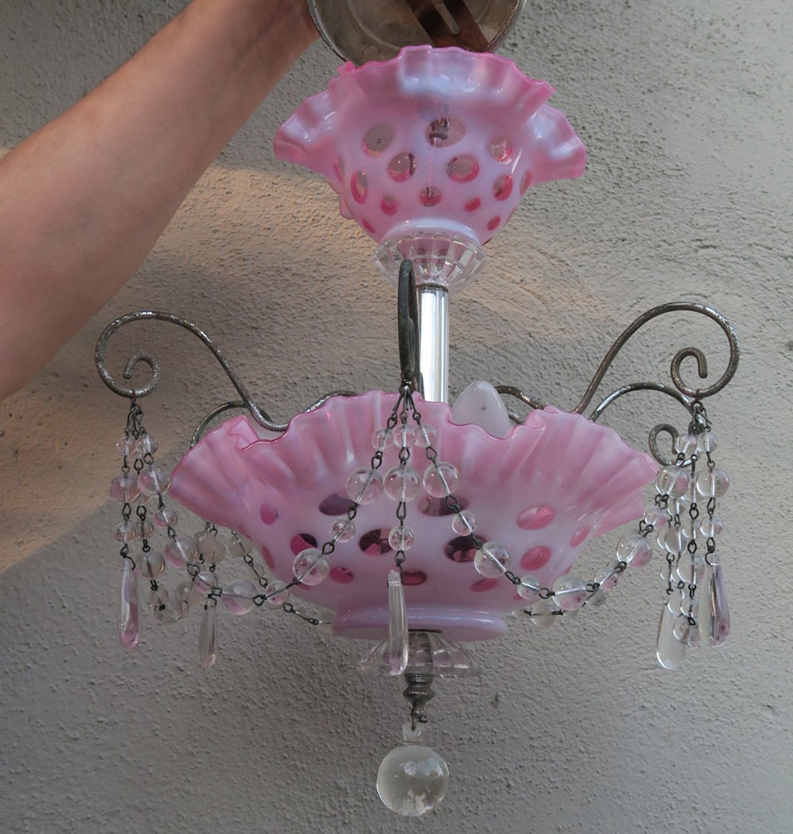 Fenton Coin Dot Lamp Vintage Brass Chandelier Cranberry Victorian Era ...