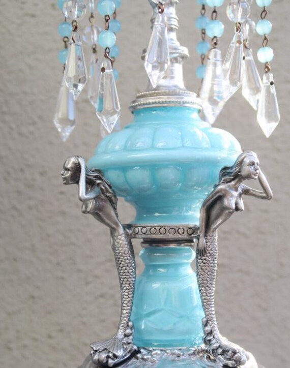 Mermaid Swag Lamp Chandelier Blue Glass Tole Silver S… - Gem