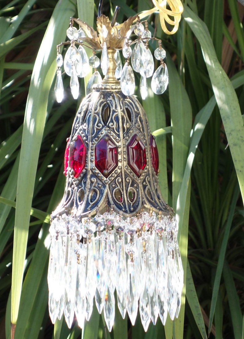 Vintage Tulip lily Ruby red Cranberry jeweled hanging lamp | Etsy