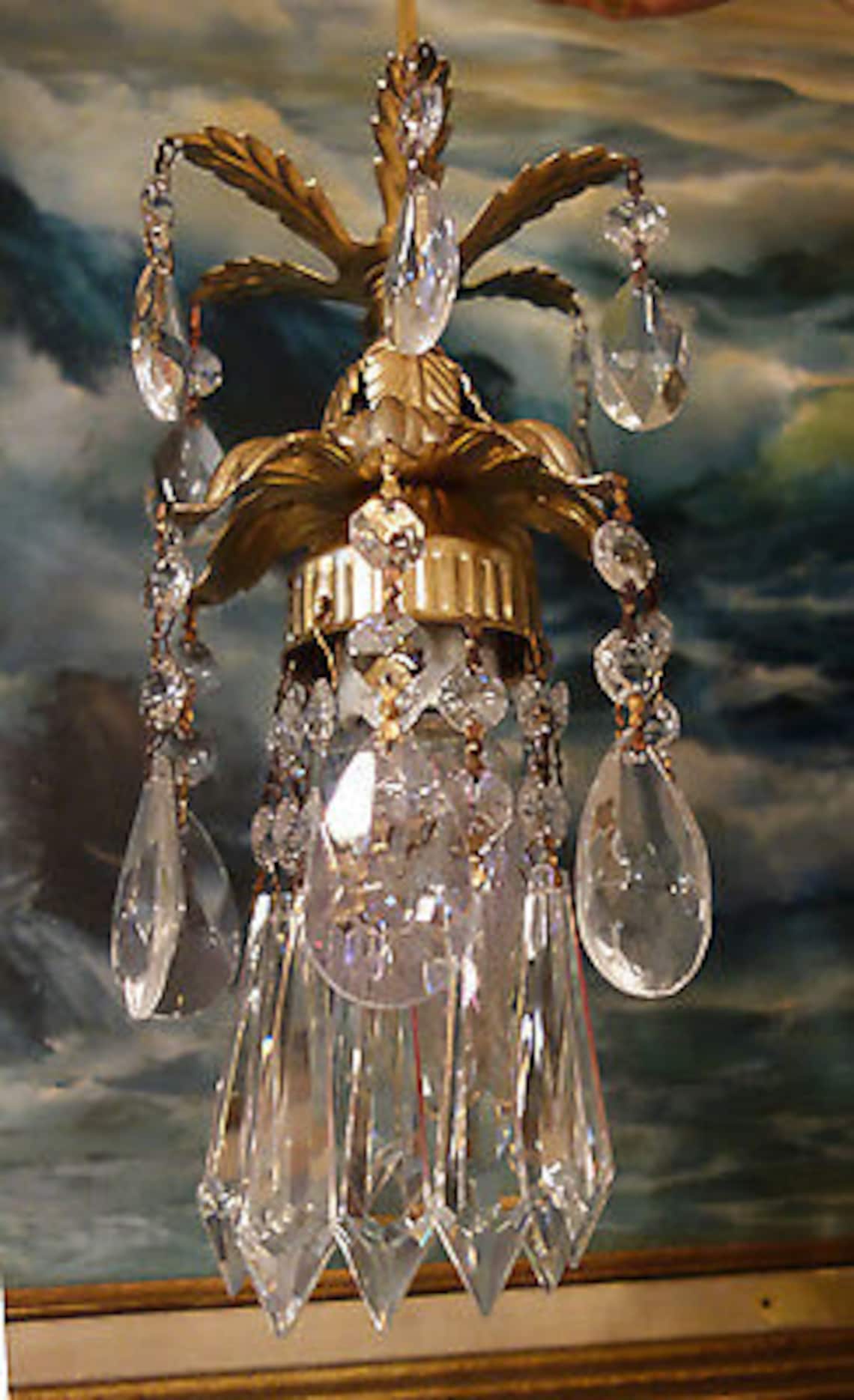 Hanging Swag Plugin Lamp Floral Motif Chandelier Crystal Prism Brass ...