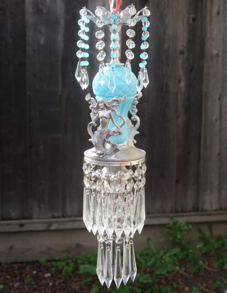 Mermaid Swag Lamp Chandelier Blue Glass Silver Crystal Opaline Bead ...