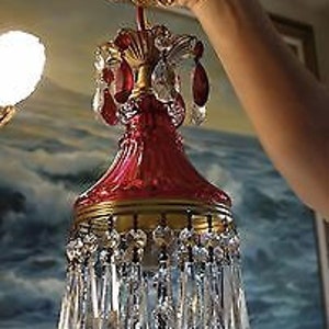 Vintage Ruby Red Lady Cupcake Glass Crystal Brass Swag Lamp Chandelier ...