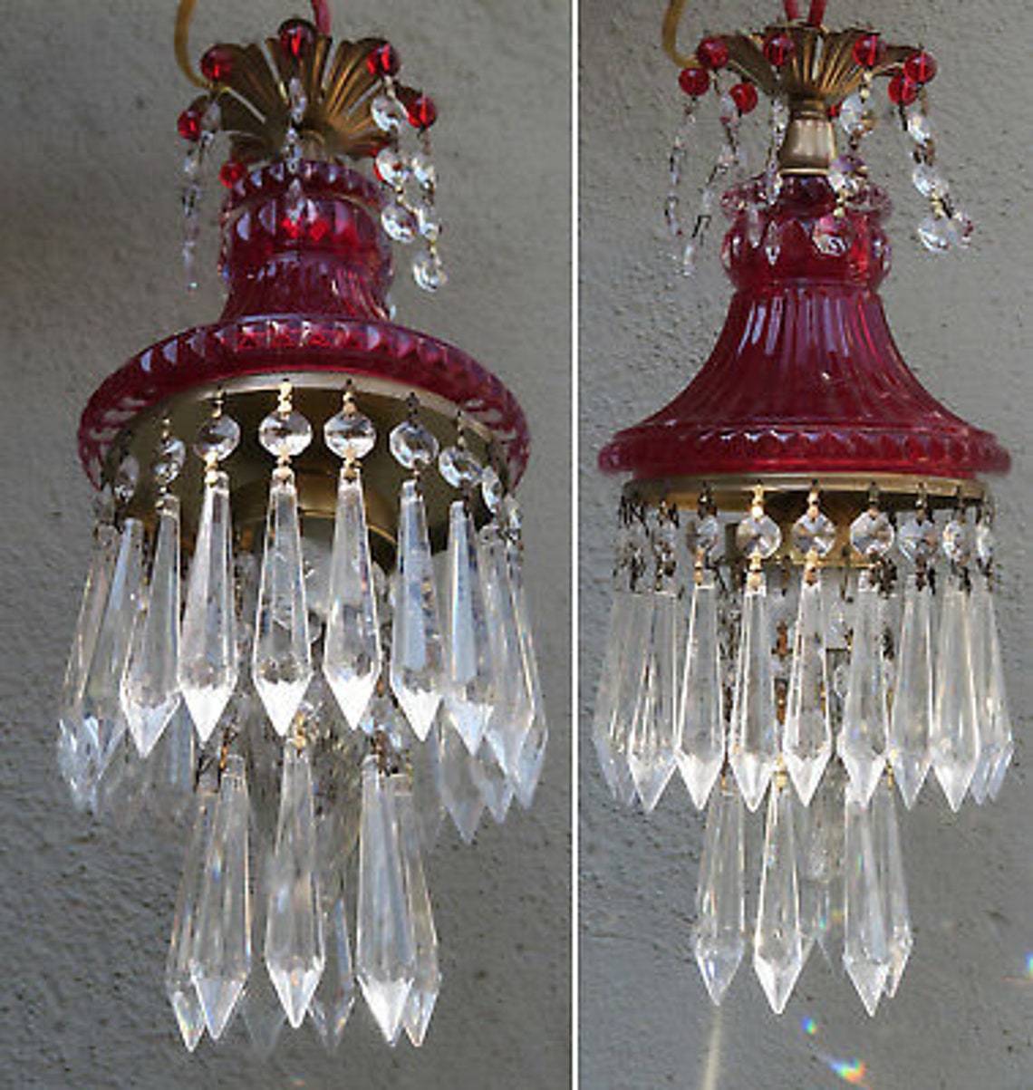 Vintage Ruby Red Lady Cupcake Glass Crystal Beads Brass Swag Lamp ...