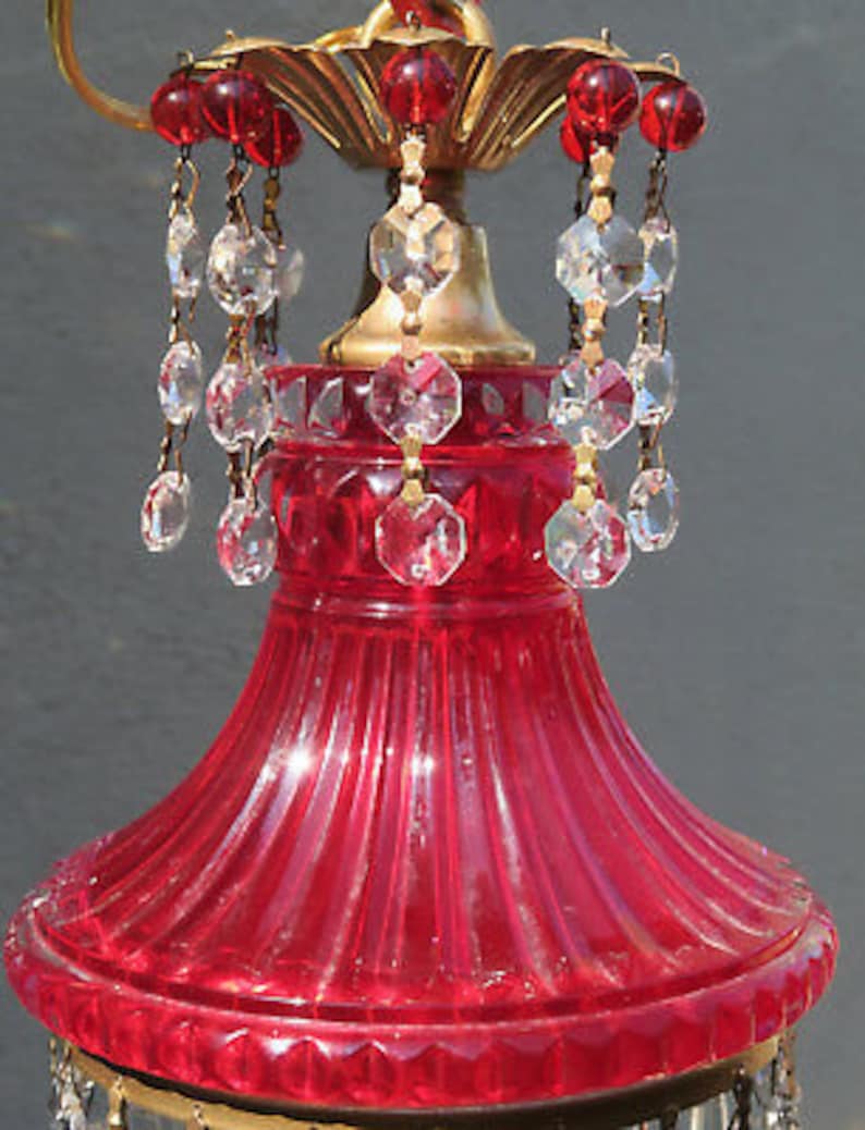 Vintage Ruby Red Lady Cupcake Glass Crystal Beads Brass Swag Lamp ...