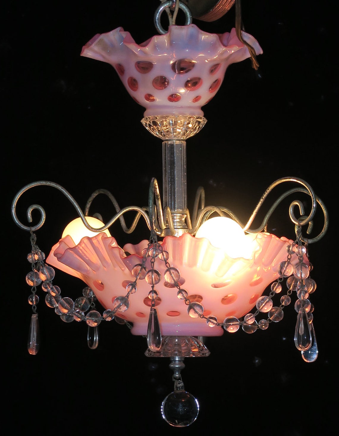 Fenton Coin Dot Lamp Vintage Brass Chandelier Cranberry Victorian Era ...