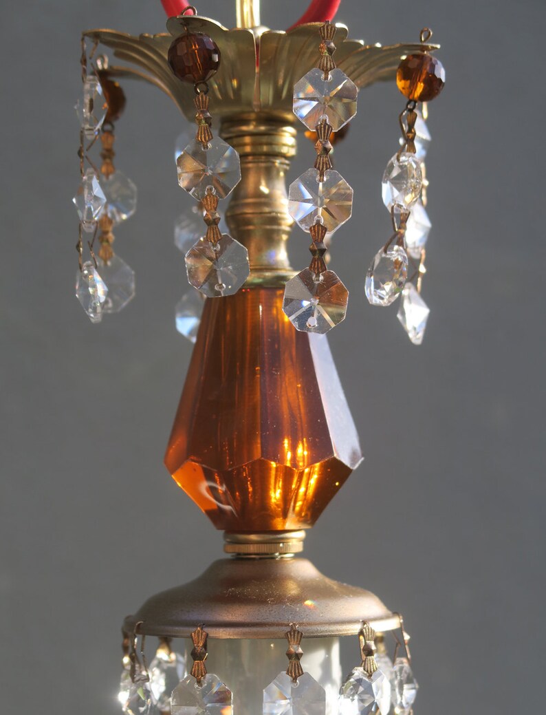 Lucite Amber Color Swag Lamp Chandelier Crystal Beaded Prisms 9' Cord ...