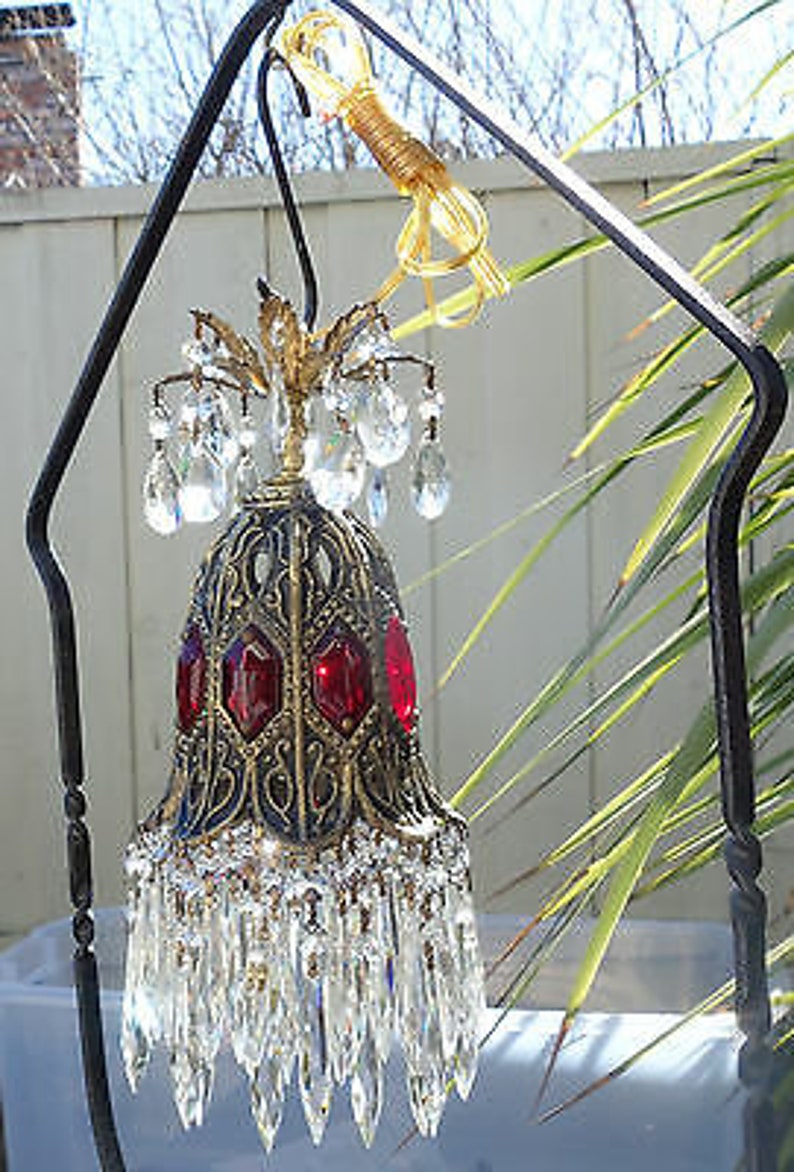 Gothic Ruby Glass Jeweled Lily Filigree Lamp Vintage Chandelier Brass ...