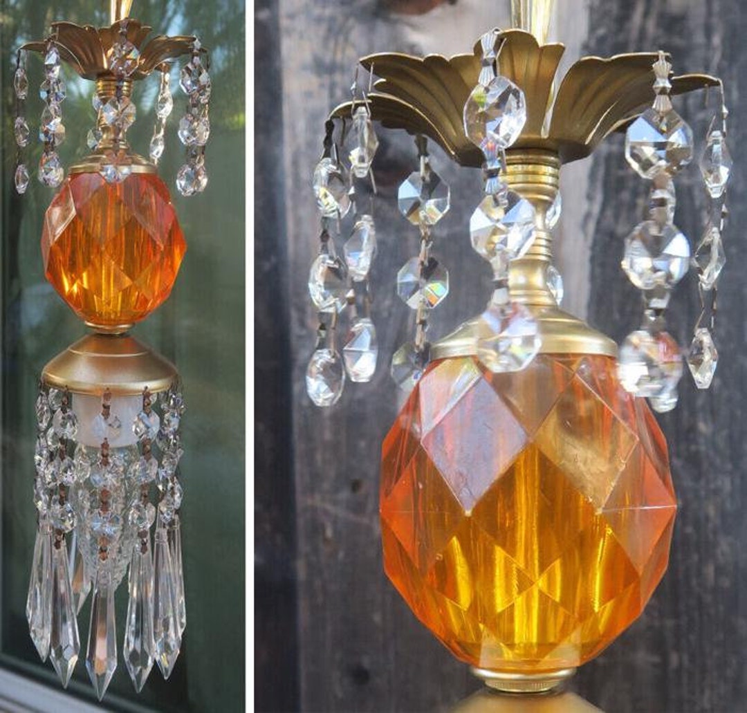 Vintage Lucite Honey Amber Swag Lamp Chandelier Crystal Beads Prisms ...