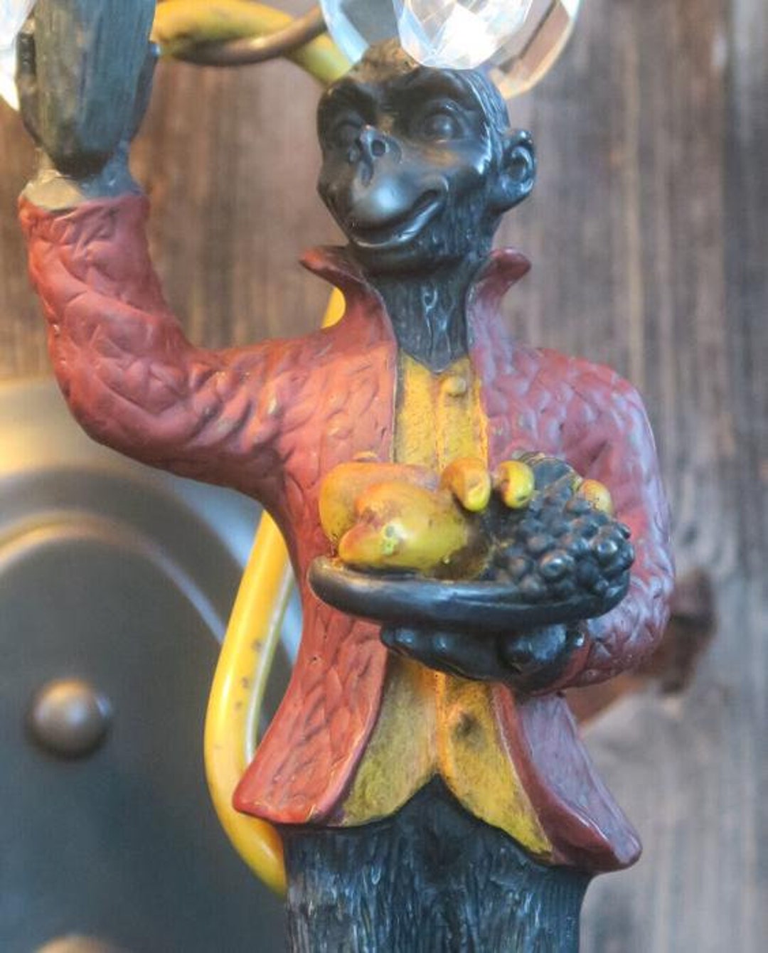 Pair Bronze Vintage Sconces African Butler Monkey Fruit Lamp Crystal ...