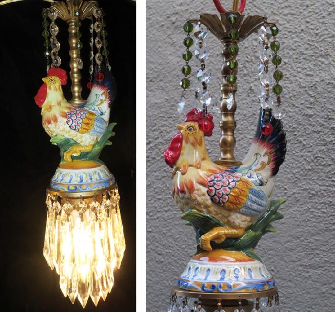 Porcelain Hen Chicken Rooster Ceiling Install Lamp Brass Crystal ...
